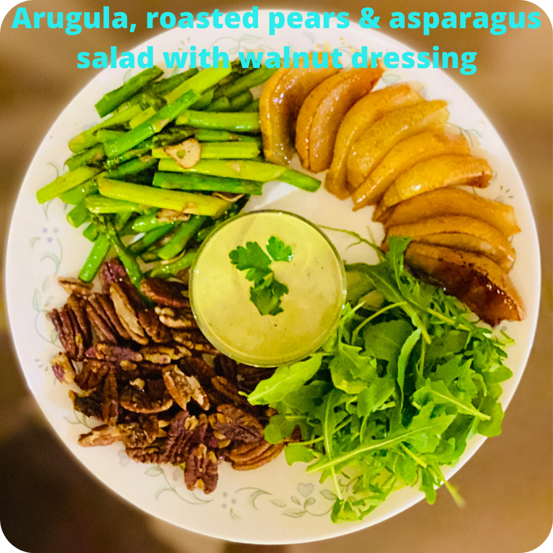 Arugula, roasted pears & asparagus salad with walnut dressing – Mellow ...