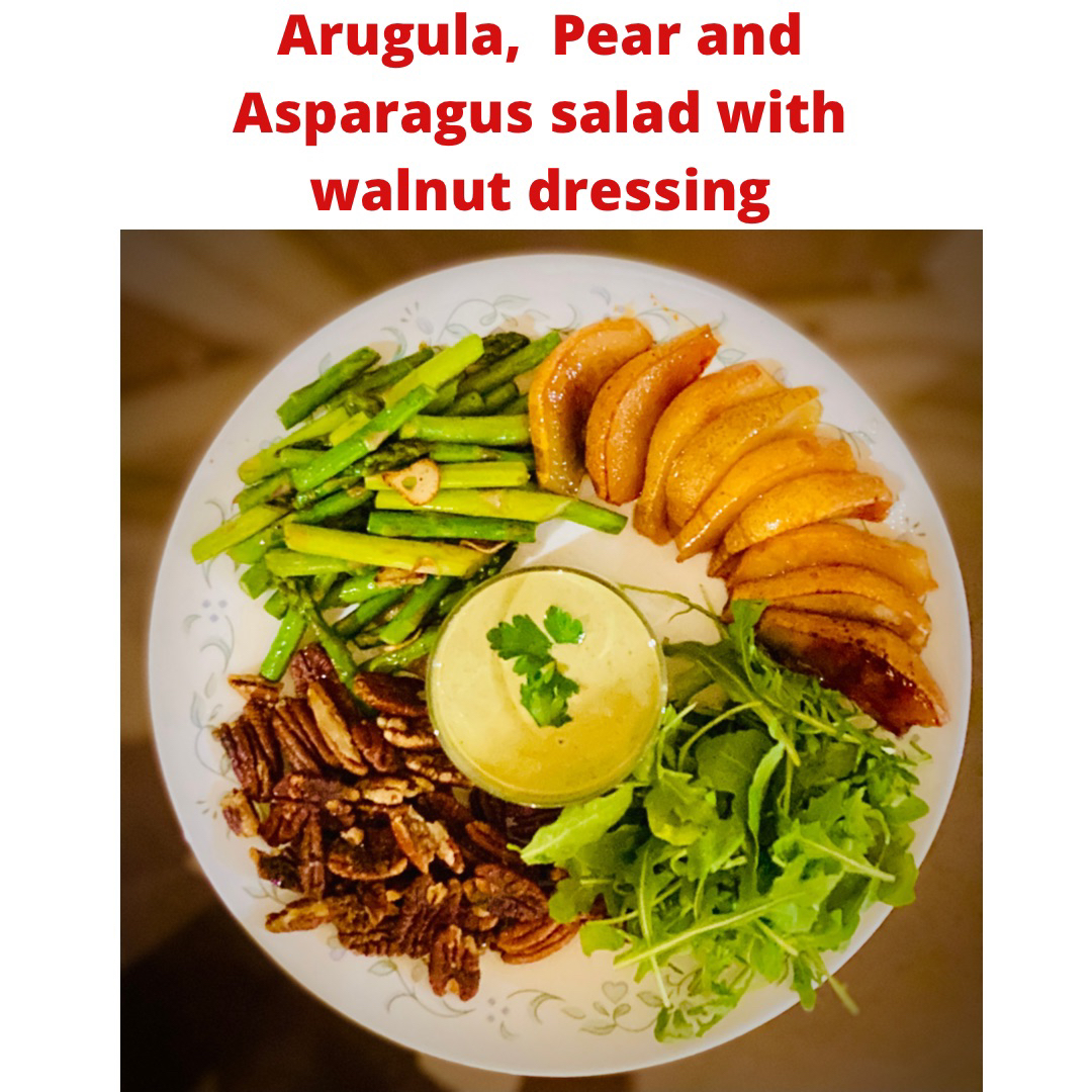 Arugula, roasted pears & asparagus salad with walnut dressing – Mellow ...